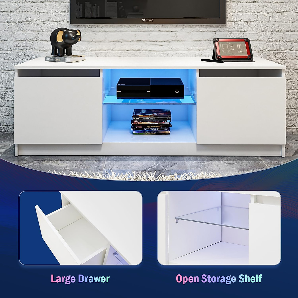 Boloni White TV Stand with LED Light for 55 Inch TV, Modern Entertainment Center Stand with 2 Drawer Storage, Media Console Cabinet with Color-Changing Lighting for Living Room