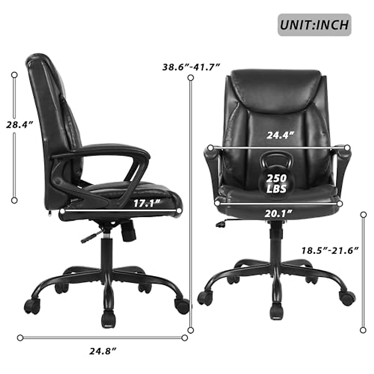 Home Office Chair,PU Leather Mid Back Computer Chair with Lumbar Support,Executive Desk Chair with 360-Degree Rolling Swivel Tilt，Ergonomic Desk Chair with Padded Armrest for Adult Men Women,Black