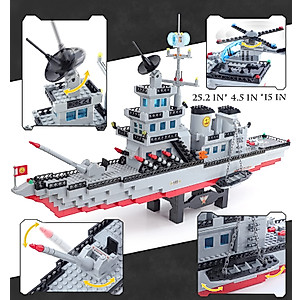 Aircraft Carrier Toy Building Blocks Set with Storage Box, 1131pcs, Army Battleship Aircraft Boat Building Toy with Army Helicopter, Come with Baseplate Lid, Gifts for Kids Boys Girls 6-12
