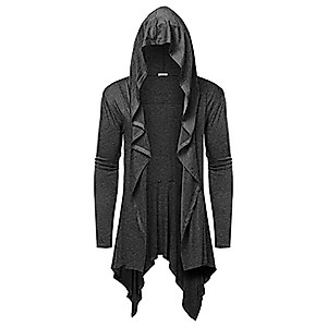 COOFANDY Men's Long Hooded Cardigan Ruffle Shawl Collar Open Front Lightweight Drape Cape Overcoat with Pockets Dark Grey