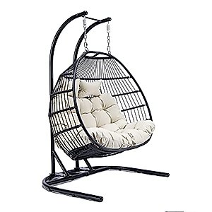 LeisureMod Wicker 2 Person Double Folding Hanging Egg Swing Chair (Beige)