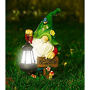 WOGOON Garden Gnome Statue, Resin Figurine with Bright Solar Lantern Lights and Welcome Sign, Outdoor Solar-Powered Illumination Yard Art Decorations for Indoor Outdoor Patio Lawn Garden Room