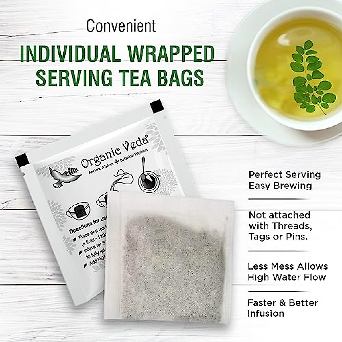 Organic Veda Moringa Tea Bags - 100% Organic Dried Green Moringa Tea Leaves - Caffeine Free Moringa Herbal with Vitamins, Antioxidants - Support Digestion, Immune System - Vegan, No Gluten - 28 count