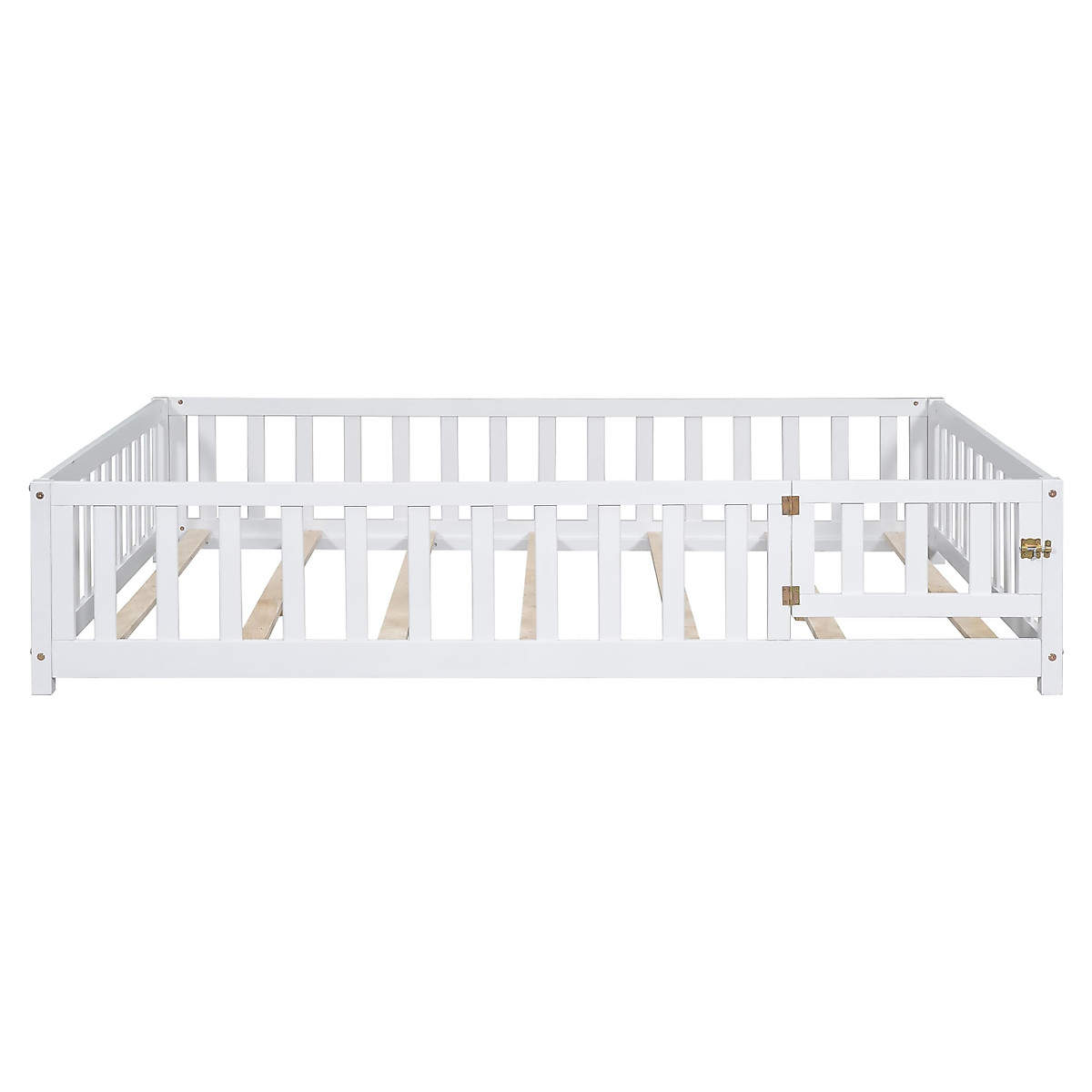 Harper & Bright Designs Floor Bed Full Size Montessori Bed Frame with Fence and Door, Wooden Full Platform Bed for Kids, Boys Girls, Slats Included, No Box Spring Needed, White