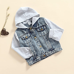 MAINESAKA Toddler Baby Boys Girls Hoodie Denim Jackets Button Down Trucker Jeans Top with Pockets Fall Long Sleeve Coat (Blue White-Thicken Denim, 3-4 Years)