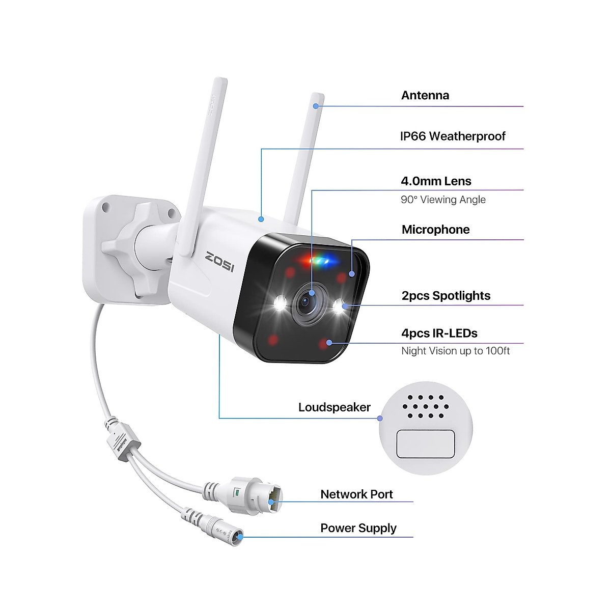 ZOSI ZG1883M Add-on 3MP Spotlight Wireless Security Camera,Outdoor Indoor WiFi IP Network Camera,2 Way Audio,Night Vision,Only Compatible with ZOSI NVR Network Video Recorder System(Model:ZR08PU)