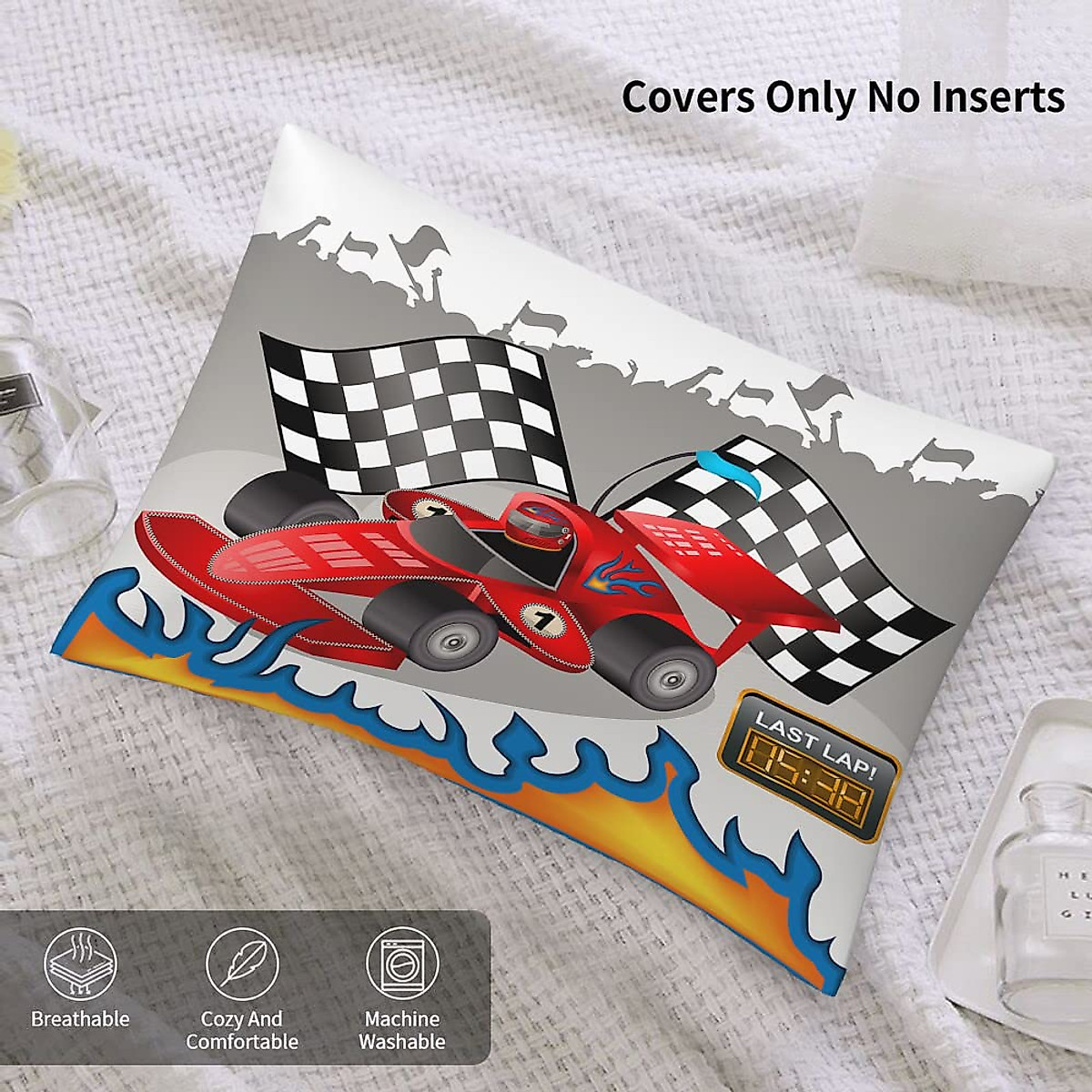 Yekiua Racing Car Pillow Sham Flames Race Car Finish Line Flags Rectangular Pillow Cover Cushion Cover for Bed Couch Sofa King Size 20 X 36 Inches