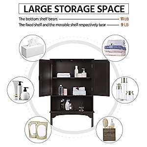Topeakmart Over The Toilet Storage Cabinet Bathroom Organizer with Adjustable Shelf & Double Doors for Toilet, Home Space-Saving Furniture, L24.5xW9xH66 Inches, Espresso