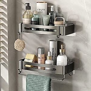 Mustorn Shower Shelves Adhesive Shower Caddy Gray Shower Organizer 2 Pack Shower Rack Rustproof Bathroom Shelf with Towel Bar and Removable Hooks