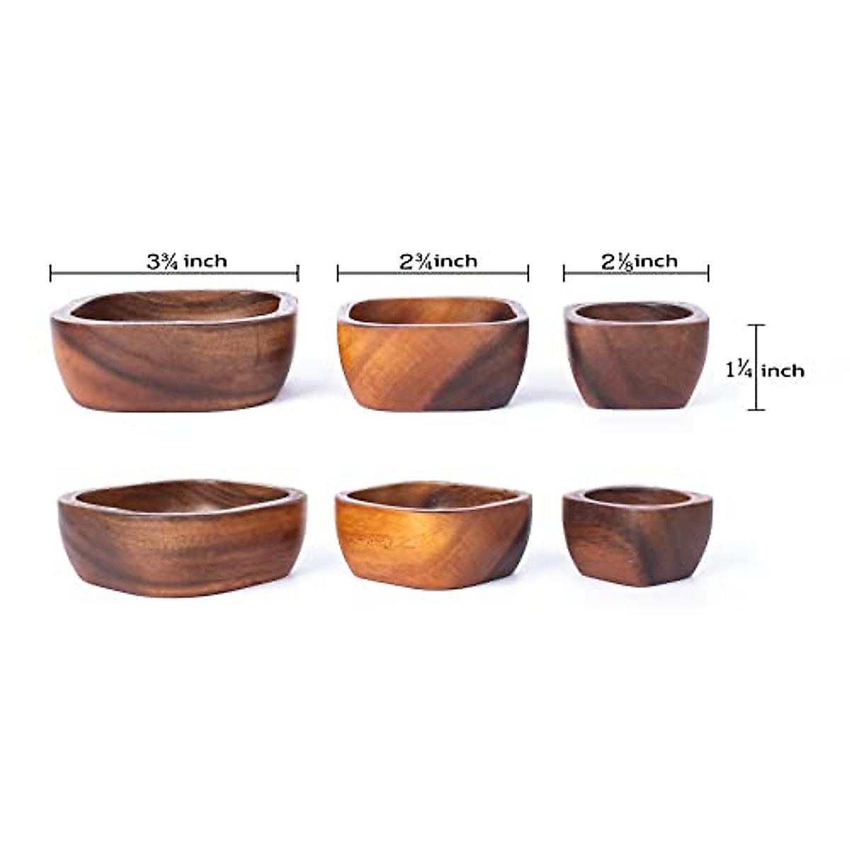 Tiny Acacia Wood Nesting Square Set 3 Serving Bowl 3¾”, 2¾”, 2⅛” Small 3 Wooden Spoon Mix size Stackable little Dish for Prep Salt Pepper Mustard Wasabi Dip sauce Salsa Nut Tableware Wooden Nest Bowl