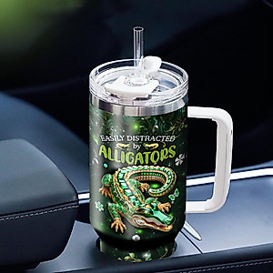 WAZONE Personalized Alligator Tumbler 40oz with Handle and Straw Easily Distracted By Alligators Custom Name Travel Mug Jewelry Style Stainless Steel Cup Gifts for Men Women Animal Lovers