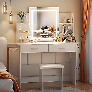SMOOL Vanity with Lighted Mirror, Makeup Vanity Desk with Power Outlet, 3 Color Light Options Adjustable Brightness, Vanity Table with 6 Storage Shelves, 2 Large Drawers and Cushioned Stool, White
