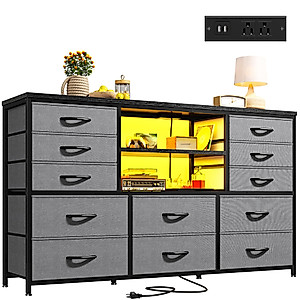 EnHomee Long Dresser for Bedroom with 12 Fabric Drawers,Bedroom Dresser with LED Lights & Power Outlet, Wooden Top & Metal Frame,for Living Room, Closet, Grey, 49.2''W*11.8''D*35.4''H