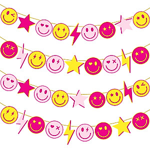 Preppy Party Banners 4Pcs Preppy Smile Face Party Decorations Hot Pink Yellow Smile Face Lightning Star Themed Party Banners for Back to School Party Bachelorette Birthday Party Supplies