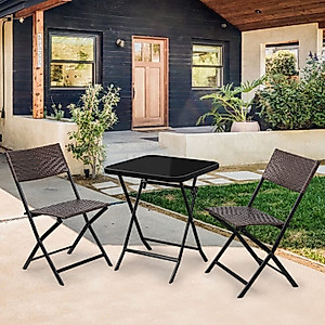 MoNiBloom 3 Piece Patio Bistro Dining Furniture Set, 2 Foldable Chairs and Round Table w/Tempered Glass Tabletop for Lawn Garden Backyard