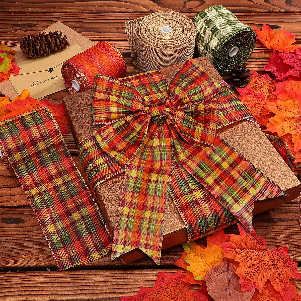 Syhood 4 Rolls Fall Ribbons Wired Thanksgiving Autumn Plaid Burlap Ribbons Wired Edge Ribbons for Wrapping DIY Crafts Floral Bows Wreath Making Supplies Gifts Decoration, 24 Yards in Total, 4 Styles