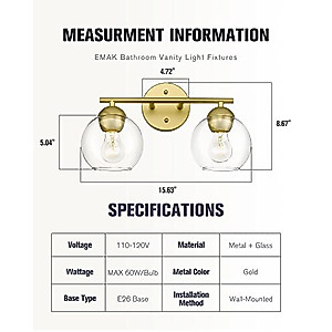 Emak 2-Light Gold Bathroom Light Fixtures Over Mirror, Globe Bathroom Vanity Light with Clear Glass Shades and Gold Finish, VL114-GD-2