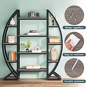 Bookshelf, Oval Triple Wide 5 Tiers Etagere Bookcases, Industrial Display Shelves for Living Room (Grey, 55")