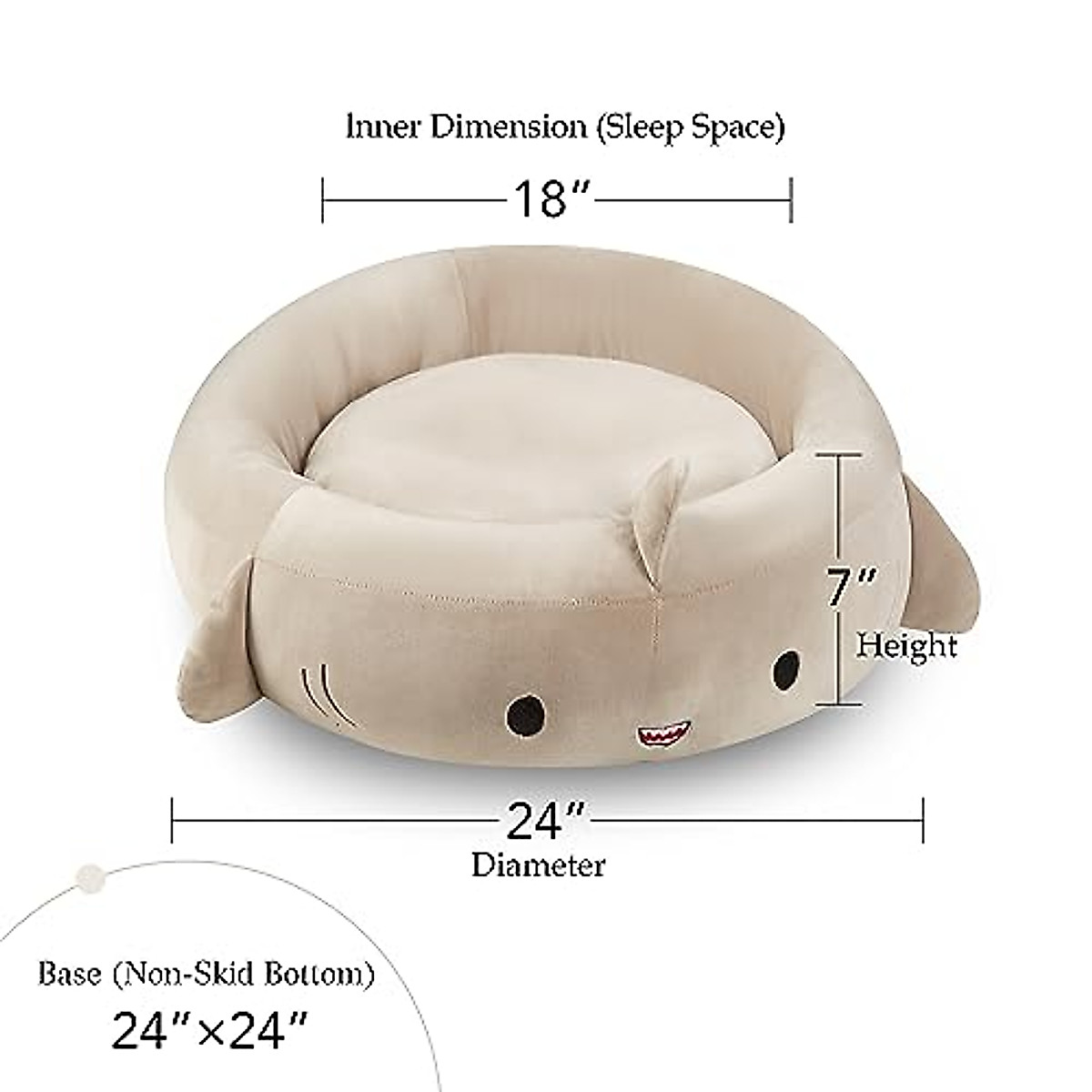 Pet Bed for Dogs, 24Inch Funny Cute Plush Dog Beds, Cozy Soft Dog Round Bed, Fluffy Dog Beds with Non-Slip Bottom (Shark Grey)