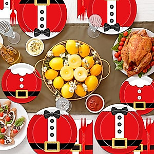 Kepeel 96 Pcs Santa Christmas Paper Plates Santa Claus Suit Disposable Party Plates Napkins Set Merry Christmas Holiday Dinnerware Party Decoration Supplies, Serves 24