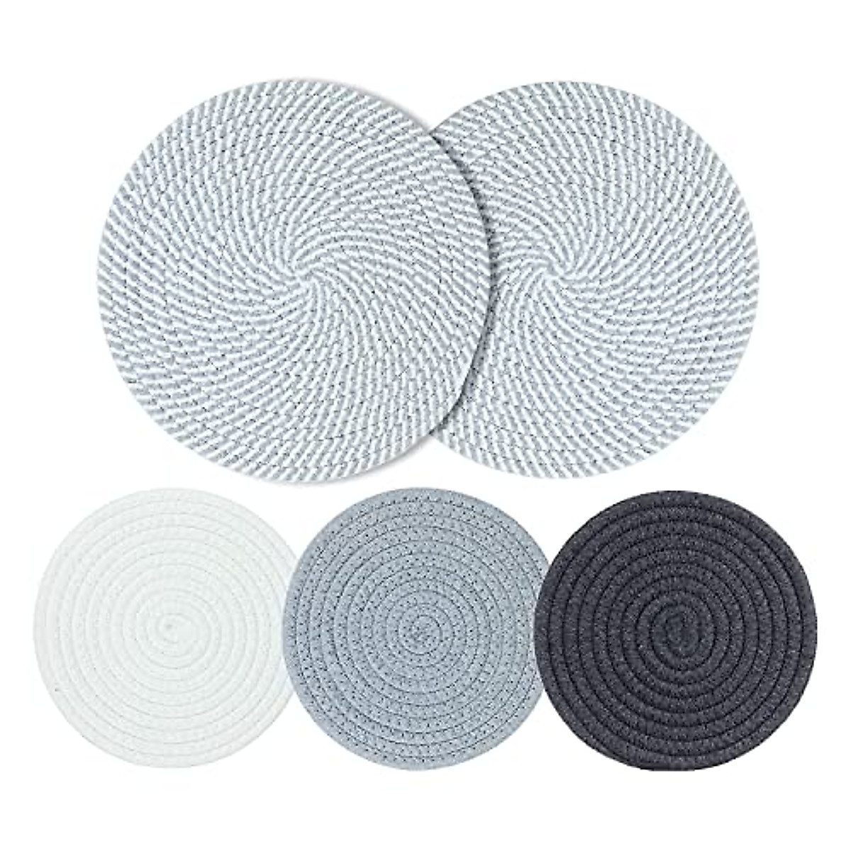 X Large 10 Inches Potholders Set 5 Pcs Trivets Set 100% Cotton Hand Woven Round Place Mats for Kitchen Absorbent, Insulated, Scratch Free Table Protection 2 Pcs 10" and 3 Pcs 7"