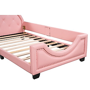Aiuyesuo Leather Upholstered Tufted Daybed with Carton Ears Shaped Headboard, Wooden Twin Size Low Profile Captain's Sofa Bed Frame for Kids Boys Girls Bedroom, Living Room (Pink-TH1123)