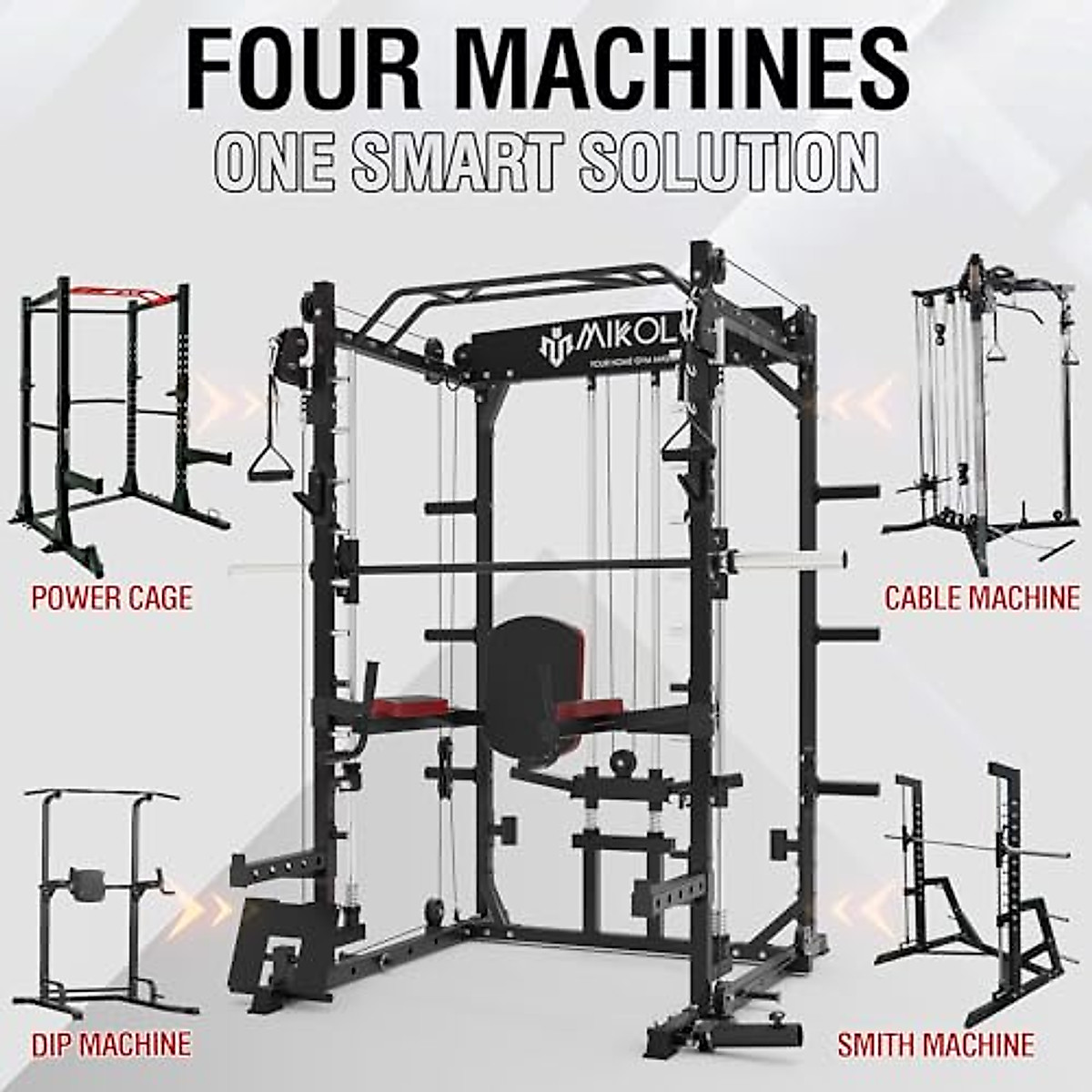 Mikolo Smith Machine with Weight Bench, Multifunction Power Cage and Cable Crossover Machine, Workout Machine with Storage System, Band Pegs, Smith Bar and Other Attachments for Home Gym（Black&Black）