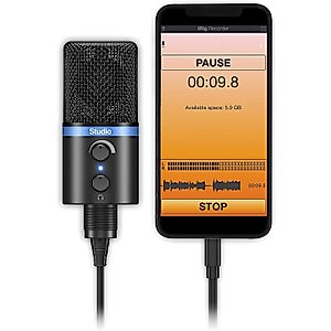 IK Multimedia iRig Mic Studio Compact Digital Recording 1" Capsule Condenser Microphone, 24-bit 48Khz converters, Headphone Output and Tabletop Stand for iPhone, iPad, Android, Mac PC
