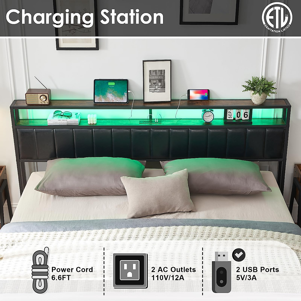 AMERLIFE King Size Platform Bed Frame, LED Bed Frame with PU Leather & Charging Station, 2-Tier Storage Headboard/No Box Spring Needed/Noise Free, Black