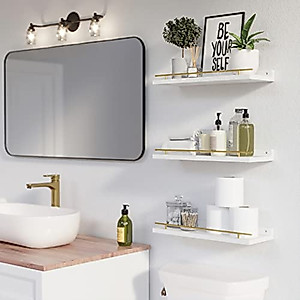 WOPITUES Floating Shelves with Gold Metal Guardrail, Shelves for Wall Decor Set of 3, Wall Shelves for Bedroom, Bathroom, Kitchen, Living Room, Plants, Picture Frames, Art- White and Gold