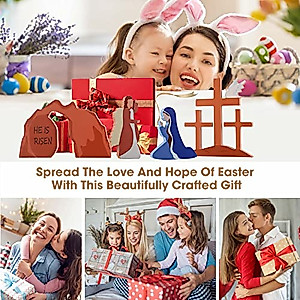 Ufkaa Easter Decorations, 4pcs Religious He is Risen Decor, Wooden Empty Tomb Resurrection Scene, Cross Table Christian Spring Decor, Farmhouse Easter Nativity Tier Tray Decor for Home Mantle