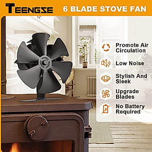 TEENGSE 6 Blades Stove Fan with Thermometer Strip, Heat Powered Wood Fan for Home Wood Log Burning Stove Fireplace Circulating Warm Air Saving Fuel Efficiently