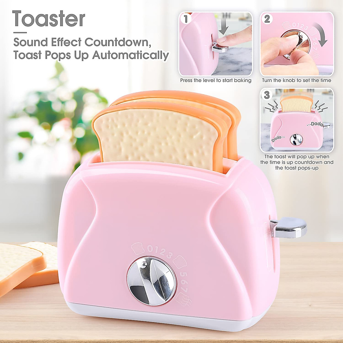 Kitchen Appliances Toys, Kids Play Kitchen Accessories Set, Pretend Kitchen Toys for Kids Ages 4-8, Coffee Maker, Mixer, Toaster with Realistic Lights & Sounds, Gift for Girls Ages 3+