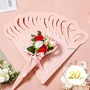 Thenshop 20 Pcs Single Flower Sleeve Love Heart Floral Bouquet Bags Paper Flower Bag Pink Gift Florist Box with Ribbons for Packaging Wrapping Single Rose Flower