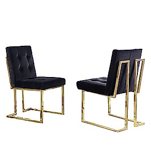 Iconic Home Liam Contemporary Brass Metal Frame Modern Tufted Velvet Polished Dining Side Chair, Black (Set Of 2)