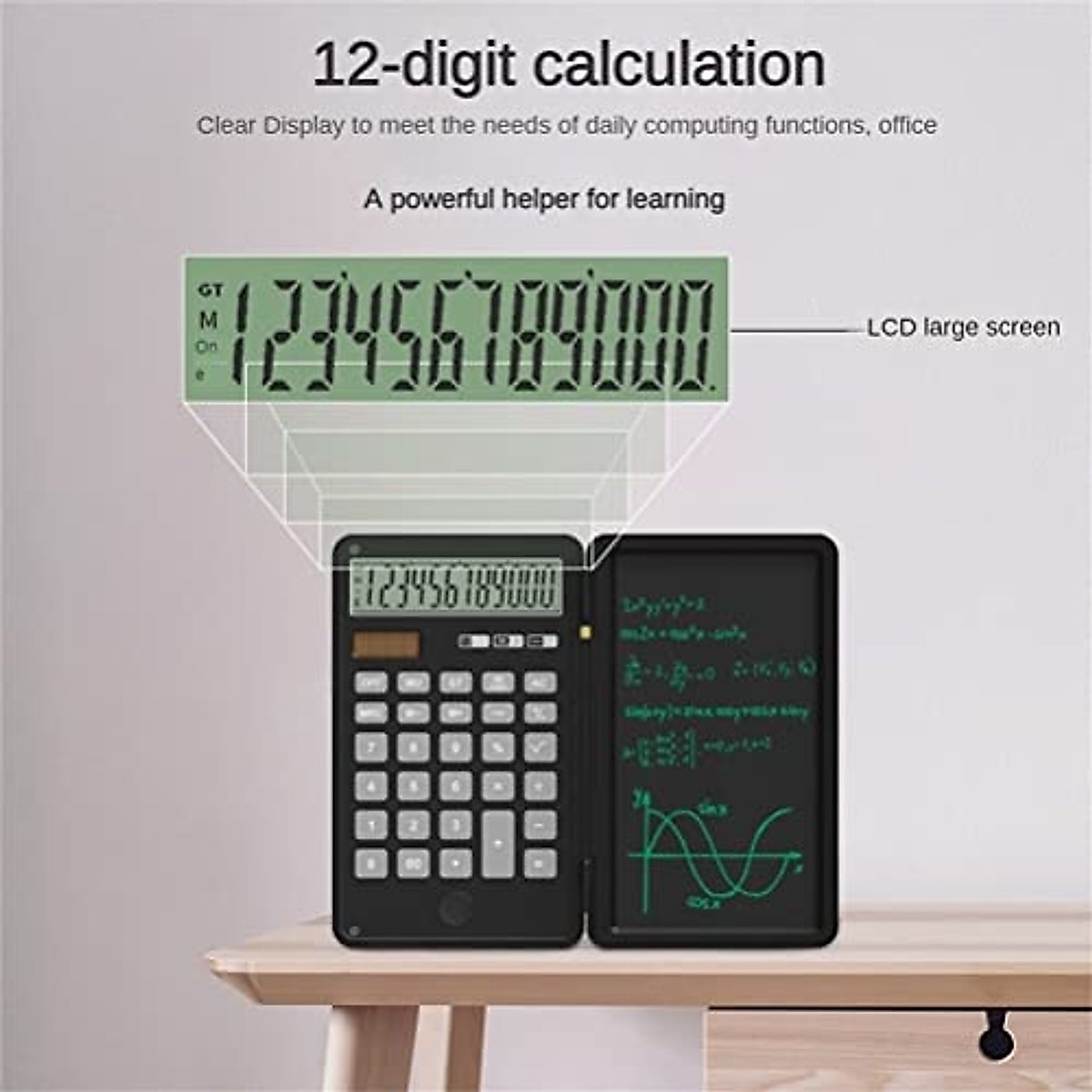 AIWE7D Small Calculator with Writing Tablet 12-Digit Portable Calculators with Stylus Electronic Drawing Board with Foldable Cover for Student Finance and Office [BK]