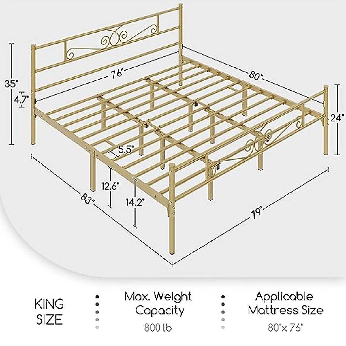 Yaheetech King Size Bed Frame Iron Mattress Foundation with Scroll Design Antique Gold Iron-Art Headboard and Footboard No Box Spring Needed Platform Bed for Beddrooms Guestrooms Dormitories