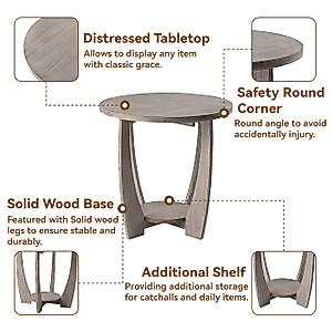 COZAYH Rustic Farmhouse End Table with Storage Shelf, French Country Accent Side Table for Family, Dinning or Living Room, Small Spaces, Modern, Round, Vintage Grey Finish