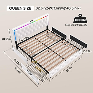Queen Bed Frame with Adjustable LED Headboard White, Upholstered Metal Platform Bed Frame with 4 Under Bed Storage Drawers on Wheels and Charging Station, No Box Spring Needed, Easy Assembly