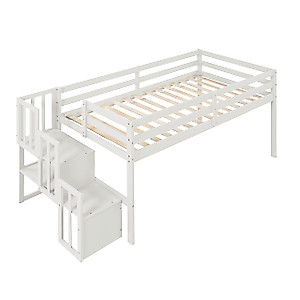 CITYLIGHT Low Loft Bed with Staircase,Twin Size Kids Loft Bed with Step Storage,Wood Loft Bed Frame Twin with Safety Guardrails for Girls, Boys,White