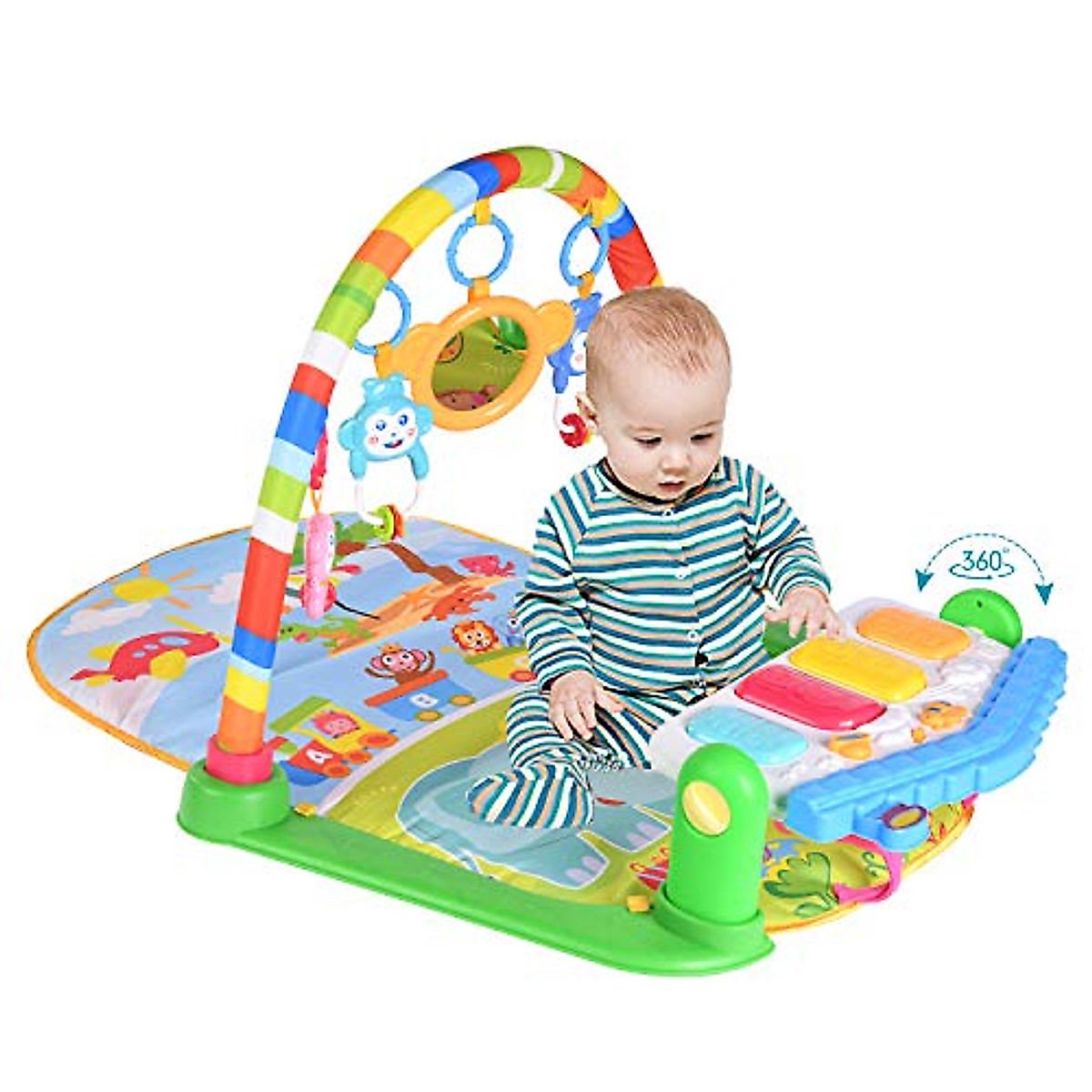 Baby Gym Play Mats with Kick And Play Piano Gym Mat, Baby Jungle Gym Activity Mat with 5 Colorful Infant Toys, Activity Center with Lights Music Mirror for Tummy Time Shower Gifts Baby Toys 3-6 Months