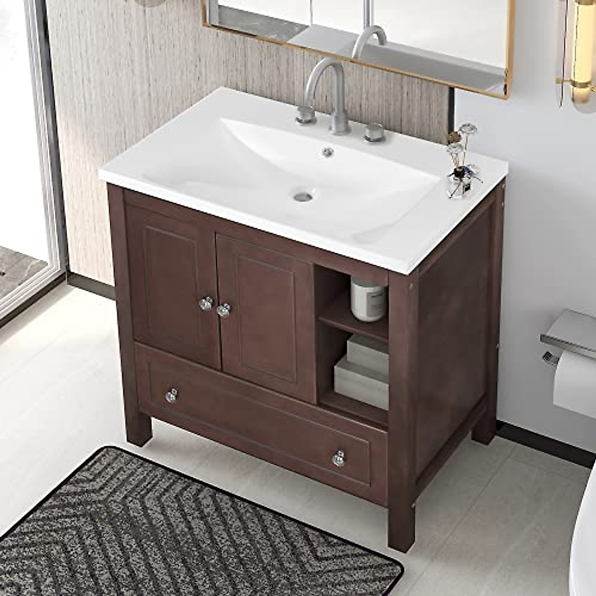SHMAO 30" Bathroom Vanity with Sink Top, Bathroom Vanity Cabinet with Drawers and Doors, Modern Undermount Single Sink Bathroom Cabinet, Wood Bathroom Vanity and Basin Sink Combo for Bathroom - Brown
