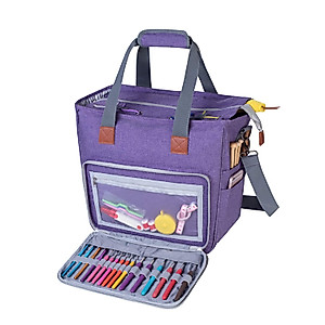 LUXJA Knitting Bag with Shoulder Straps, Yarn Bag for Carrying Projects, Knitting Needles, Crochet Hooks and Other Accessories, Purple