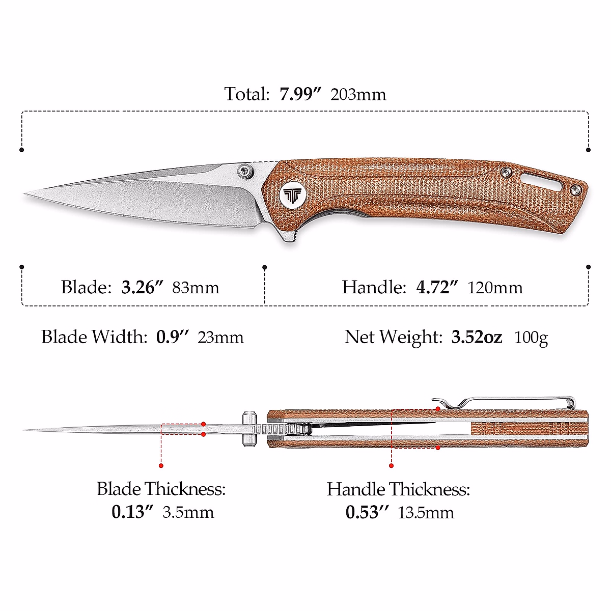 TRIVISA Folding Pocket Knife for Men，Outdoor EDC Flipper Knives with Clip, 3.26" 154CM Steel Blade & Micarta Handle，Ball Bearings Pivot,Gift for Camping Fishing Hiking Survival.Volans-04O