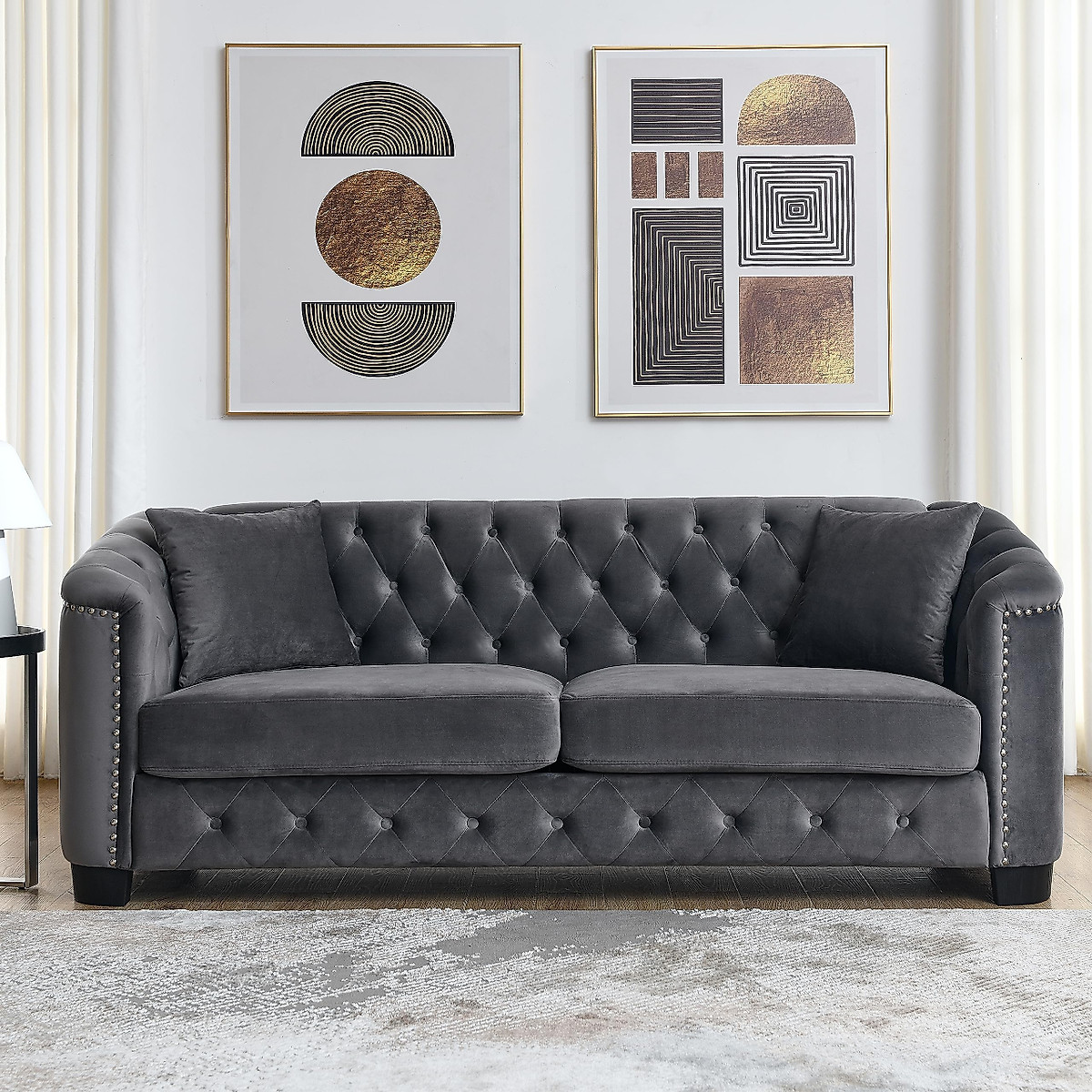 POCIYIHOME 77" Velvet Chesterfield, Deep Button Tufted 3 Seater Sofa Couch with Upholstered Backrests and Nailhead Trim Arms for Living Room, Recliner Loveseat Folding Daybed, 2 Pillows (Grey)