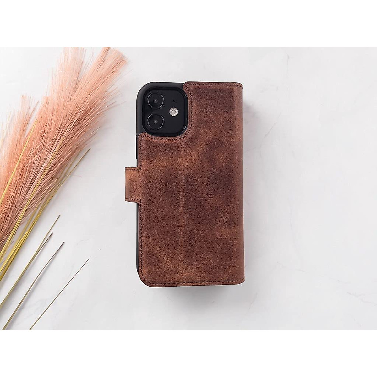 HARDISTON Premium iPhone XR Bi-Fold Wallet Case, Handmade Genuine Leather, Detachable Magnetic Flip Cover with Card Holders, Customizable, Double Fold Phone Case, Kickstand, Wireless Charging (Brown)