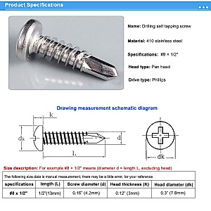 #8 x 1/2" (13mm) 410 Stainless Steel Self Tapping Screws Phillips Pan Head Self Drilling Screws 100 pcs