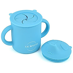LIL' STAR Silicone Sippy Cup and Snack Cup 2-in-1 | 5oz Sippy Cups for Baby 6+ Months | Spill Proof Sippy Cups for Toddlers | Soft Silicone Baby Training Cup with Handles | BPA Free (Blue)