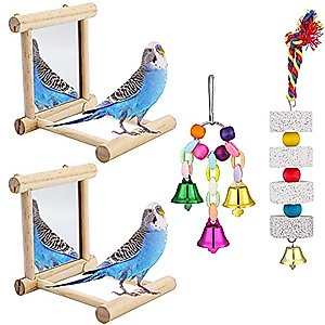 4 Pieces Bird Toys Include Parakeet Mirror for Cage, Parrot Chewing Toy and Colorful Bell String, Parrot Perch Stand, Wooden Hummingbird Swing Toy Parakeet Accessories for Cockatiels Finch Canary