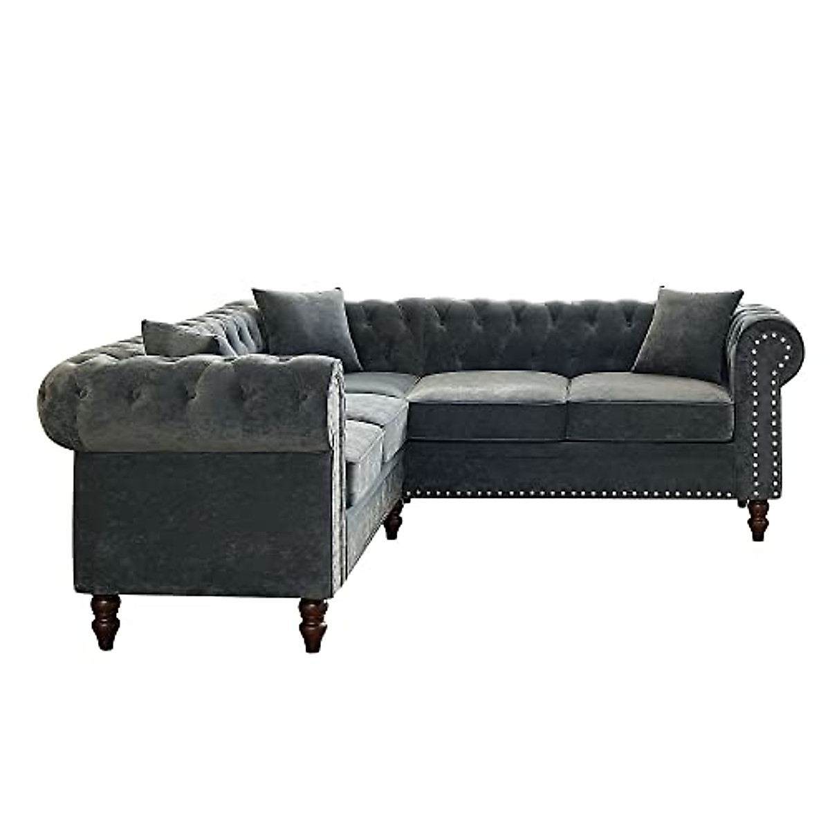 ERYE 80" Symmetrical Sectional, Button Tufted Velvet Upholstered Modular Sofa, Luxury Roll Arm Classic Chesterfield Couch,Nail Head Decor L-Shaped Corner Sofá with 3 Pillows, Grey